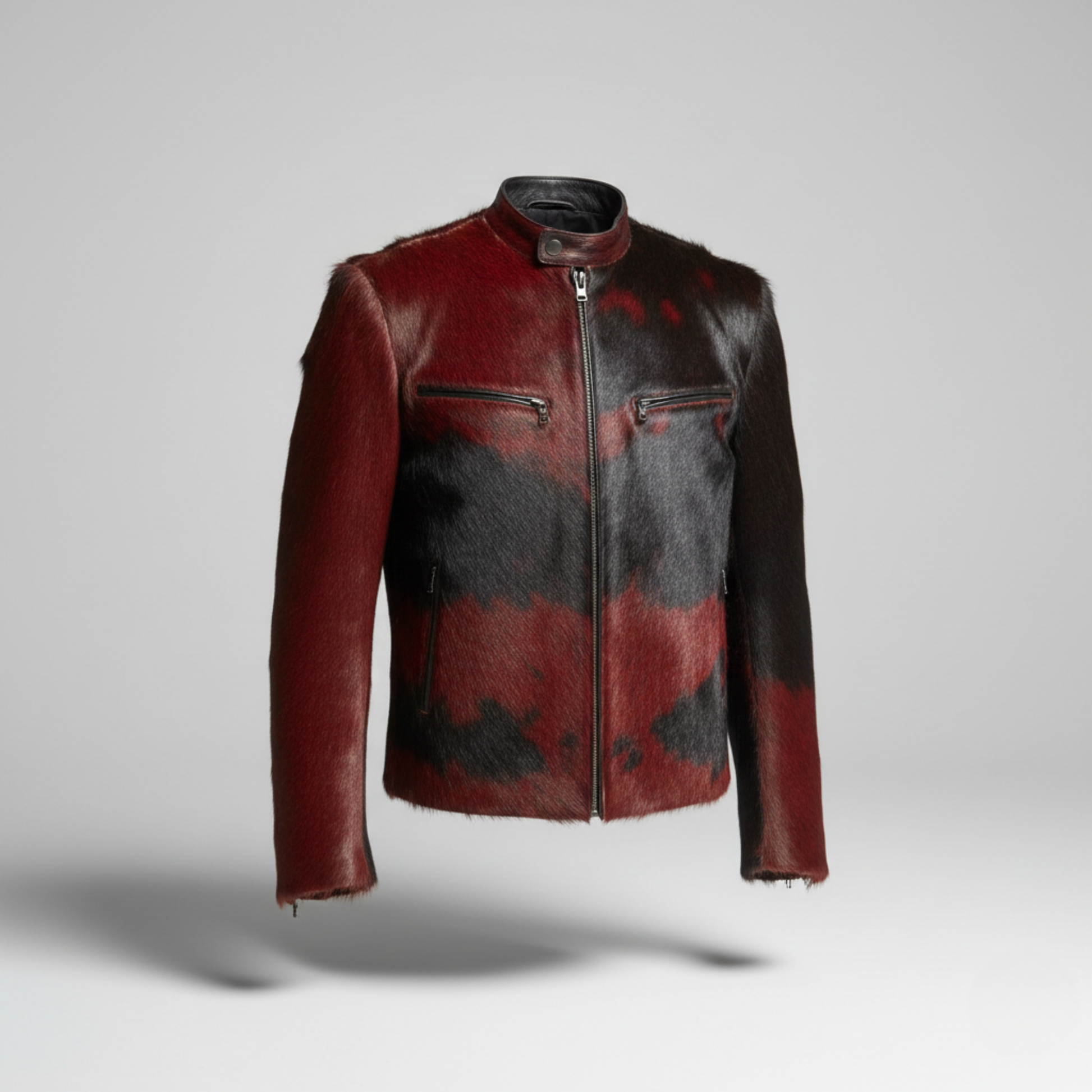 Men’s Red & Black Dyed Cowhide Leather Jacket – Real Hair-On Hide Bike